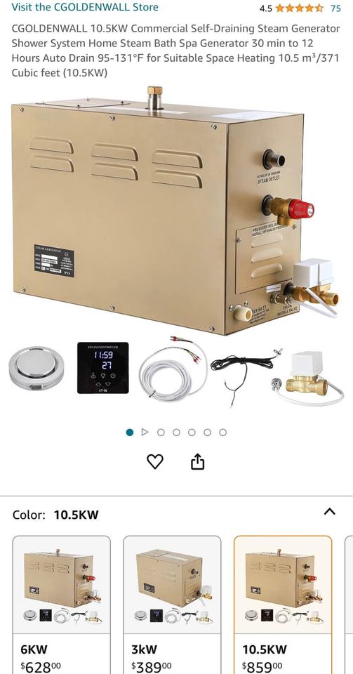CGOLDENWALL 10.5KW Commercial Self-Draining Steam Generator Shower ...